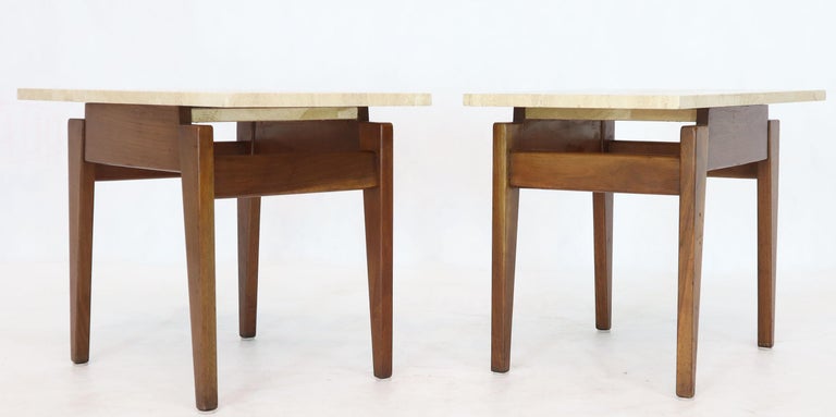 Pair of Risom Walnut End Tables W/ Wedge Shape Travertine Marble Tops ...
