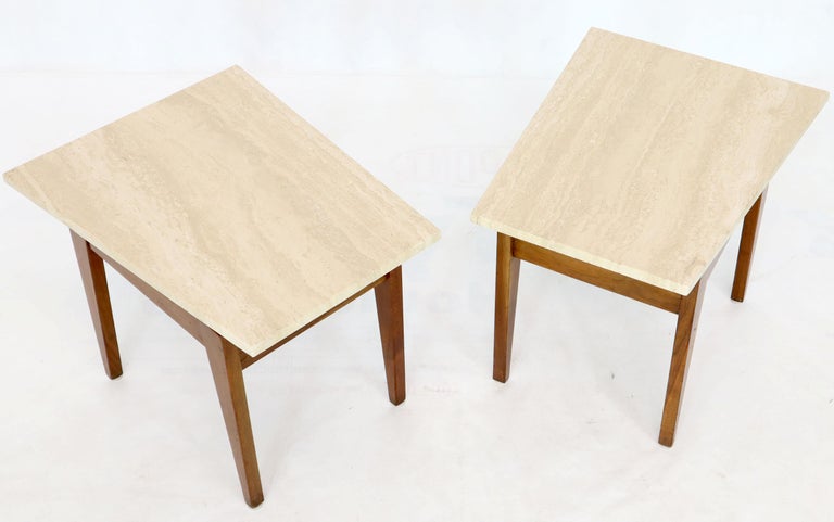 Pair of Risom Walnut End Tables W/ Wedge Shape Travertine Marble Tops ...