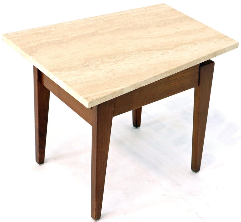 Pair of Risom Walnut End Tables W/ Wedge Shape Travertine Marble Tops ...
