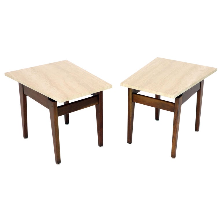 Pair of Risom Walnut End Tables W/ Wedge Shape Travertine Marble Tops ...