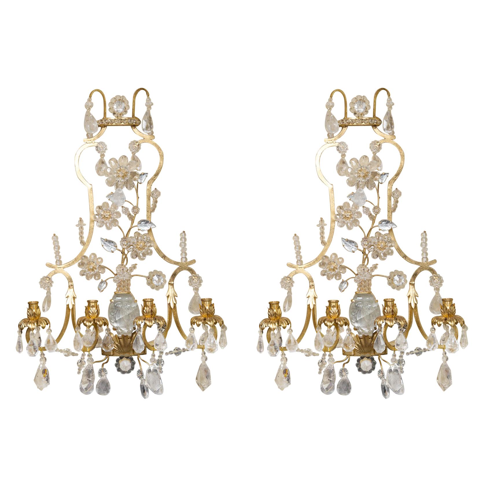 Set of Four Two-Light Gilt Metal Carved Rock Crystal Wall Sconce at 1stDibs