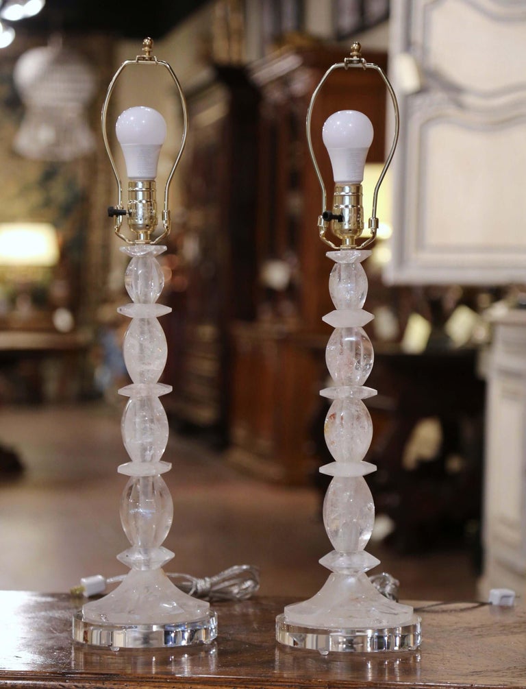 Pair of Rock Crystal Table Lamps on Acrylic Bases with Shades at 1stDibs