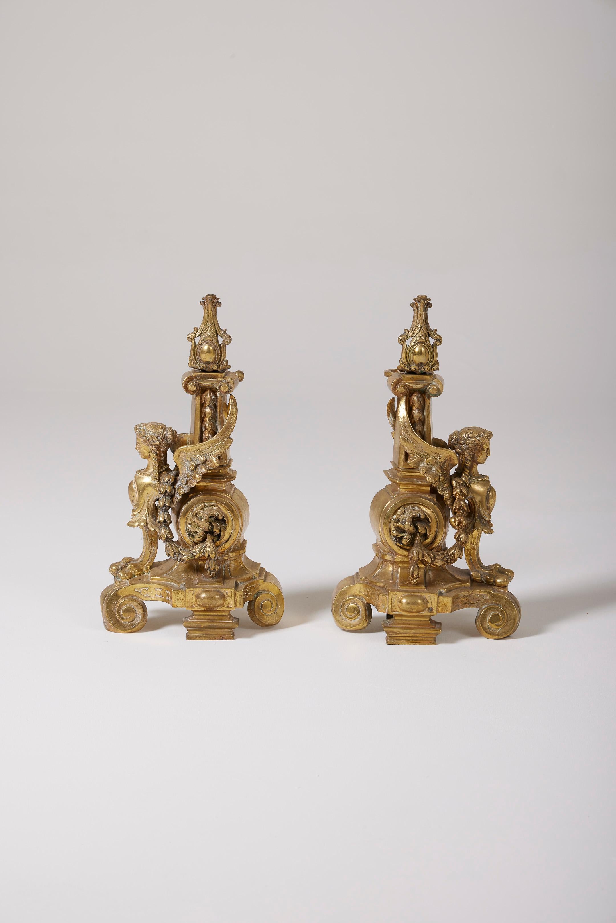 Pair of Rococo bronze andirons For Sale at 1stDibs