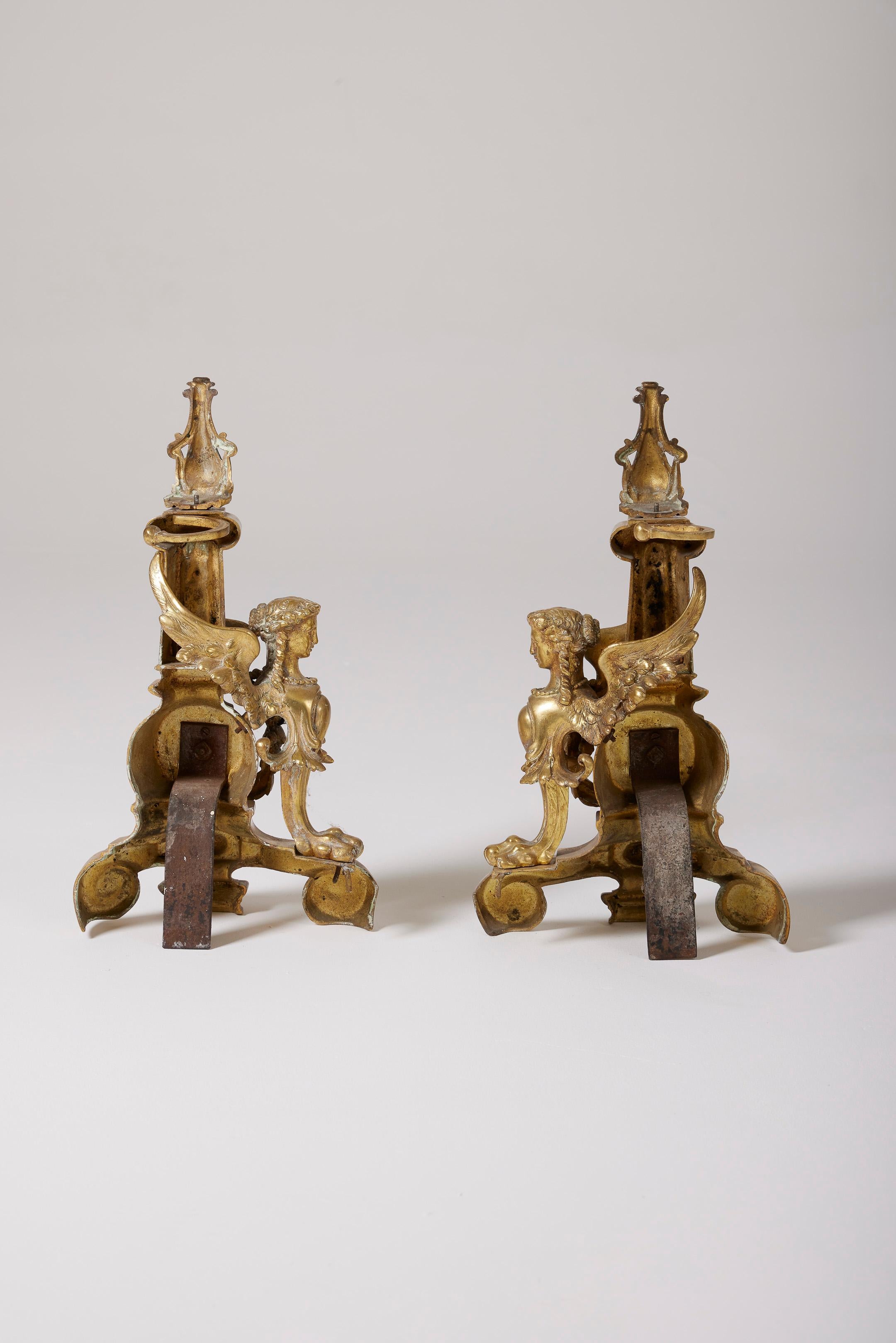 Pair of Rococo bronze andirons For Sale at 1stDibs