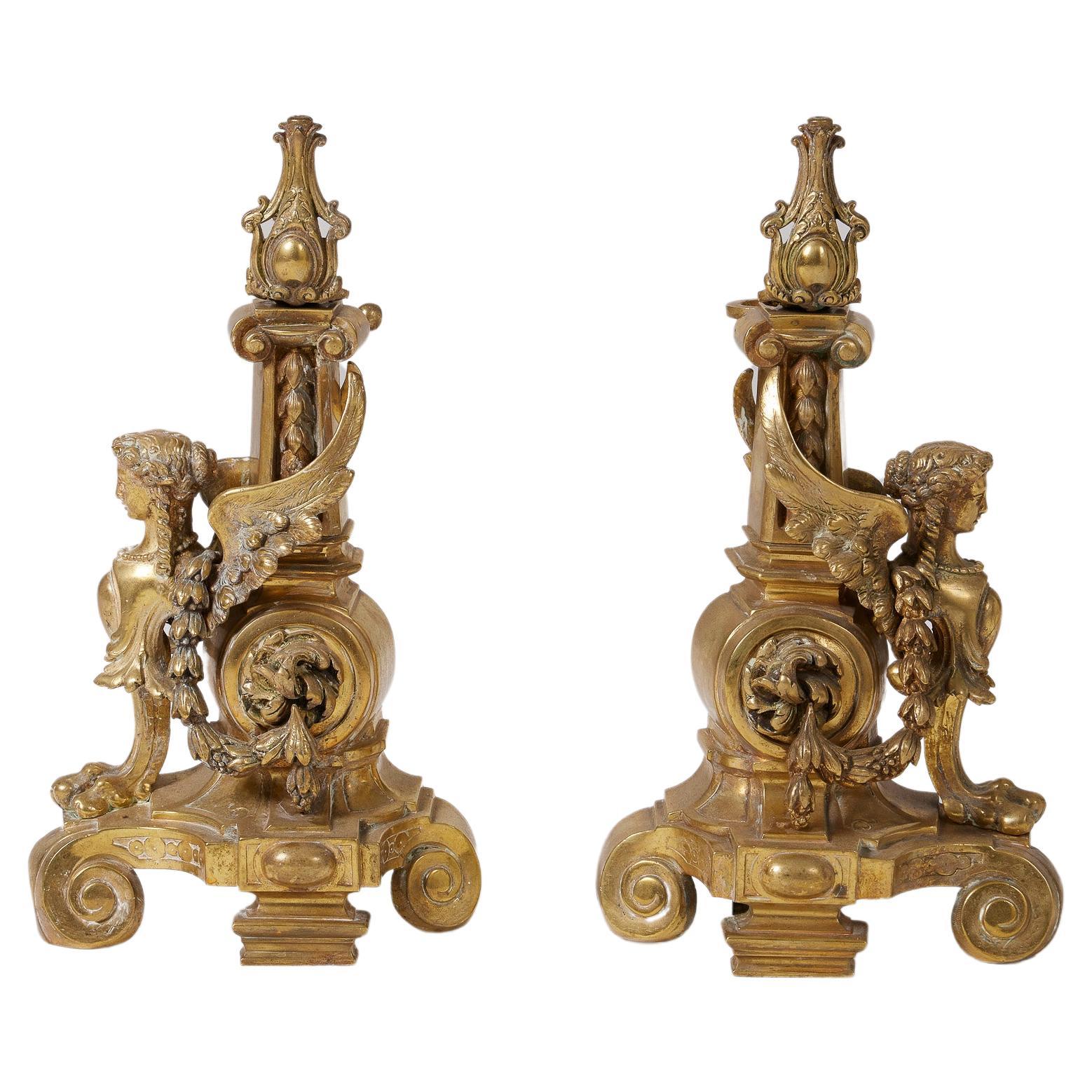 Pair of Rococo bronze andirons For Sale at 1stDibs