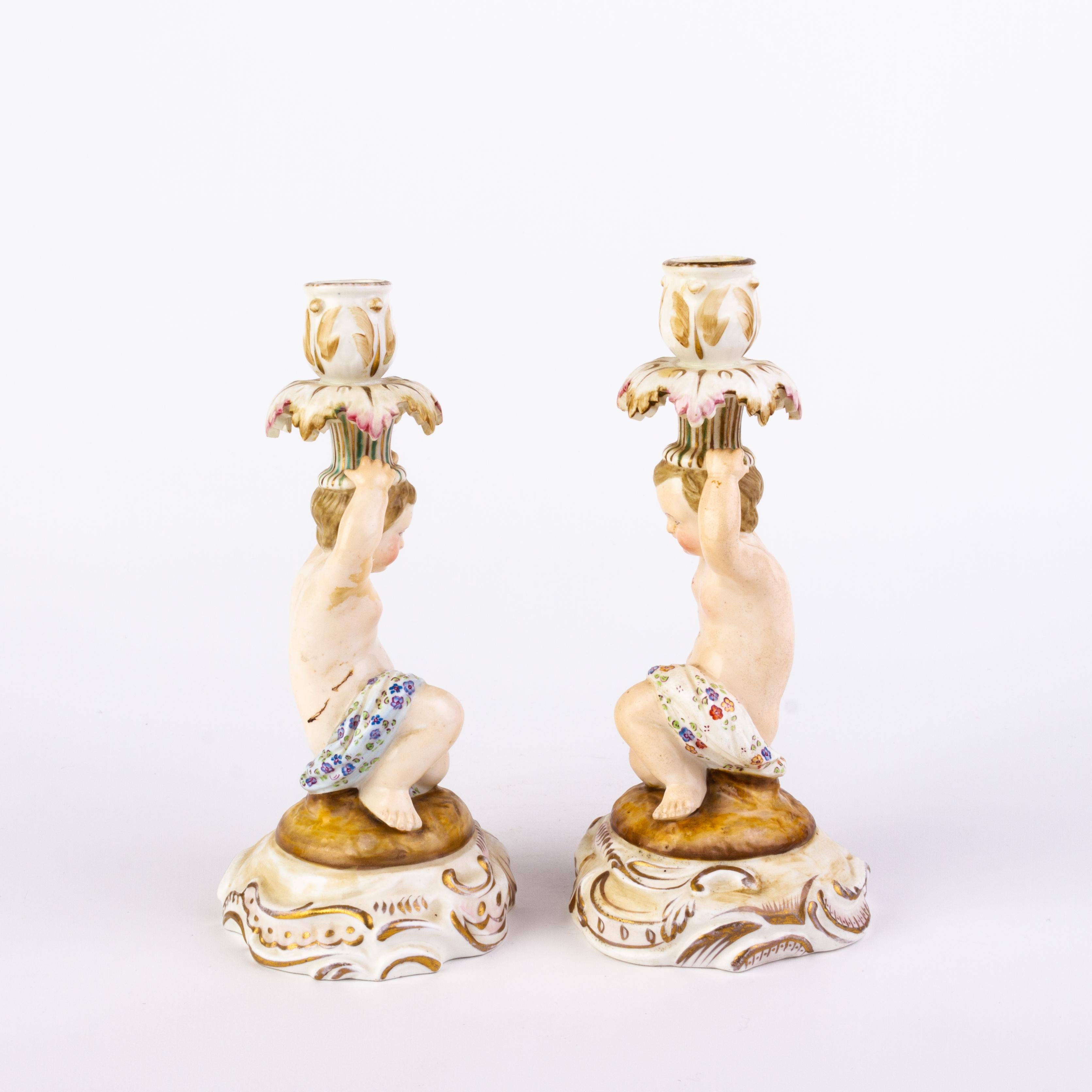 Pair of Rococo Polychrome Putti Cherubs Porcelain Candlesticks 19th ...