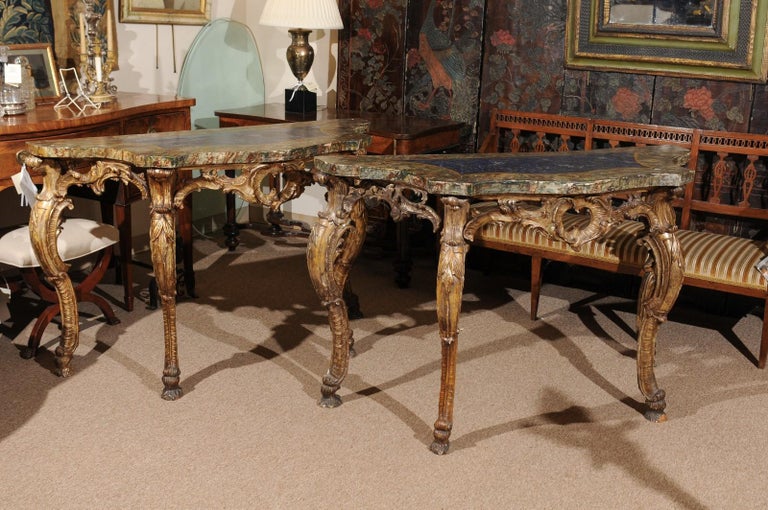 Pair of Rococo Style Giltwood Consoles with Marbleized Tops, 18th ...