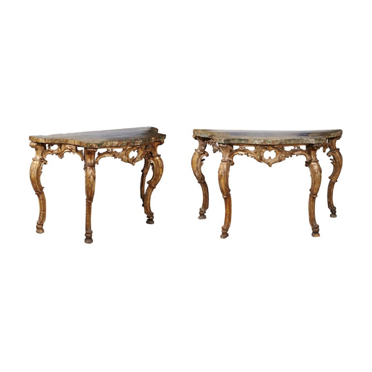 Pair of Rococo Style Giltwood Consoles with Marbleized Tops, 18th ...