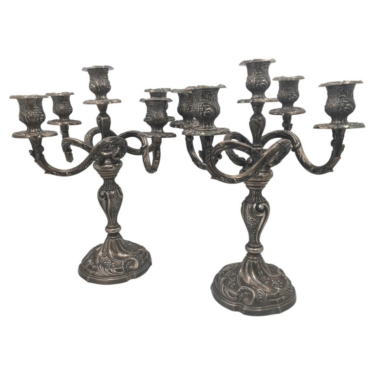 Pair of Rococo Style Silver 5-Light Candelabra For Sale at 1stDibs