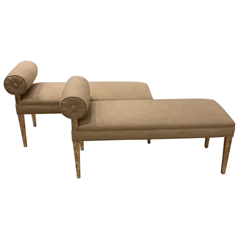 Pair of Rolled Arm Benches with Tapered Silver Leafed Legs at 1stDibs