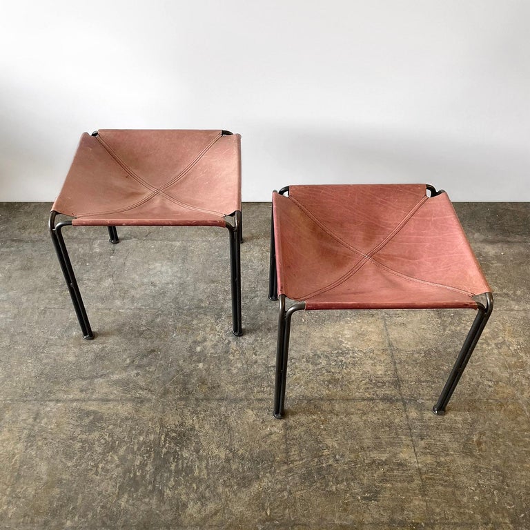 Pair of Rose Leather and Iron Sling Stools For Sale at 1stDibs