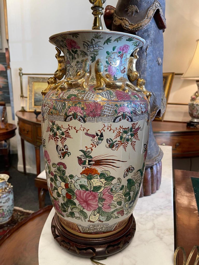 Pair of Rose Medallion Chinese Lamps with Silk Shades, 20th Century at ...