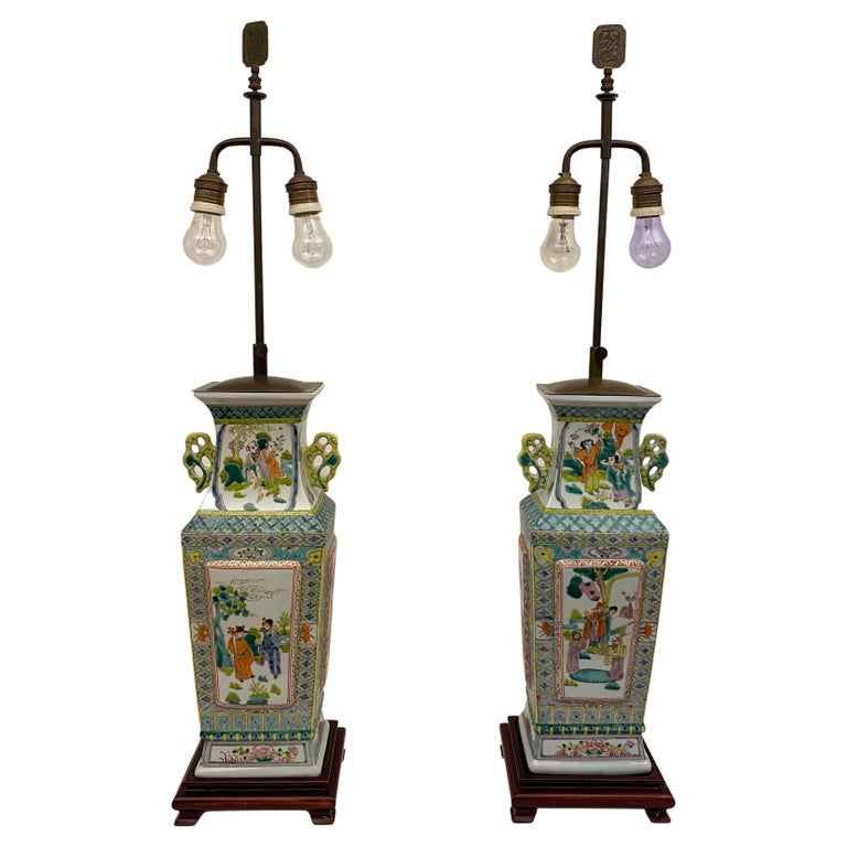 Pair of Rose Medallion Chinoiserie Hand-Painted Porcelain Lamps, Silk ...