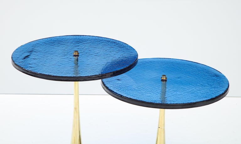 Pair of Round Blue Murano Glass and Brass Martini or Side Tables, Italy ...