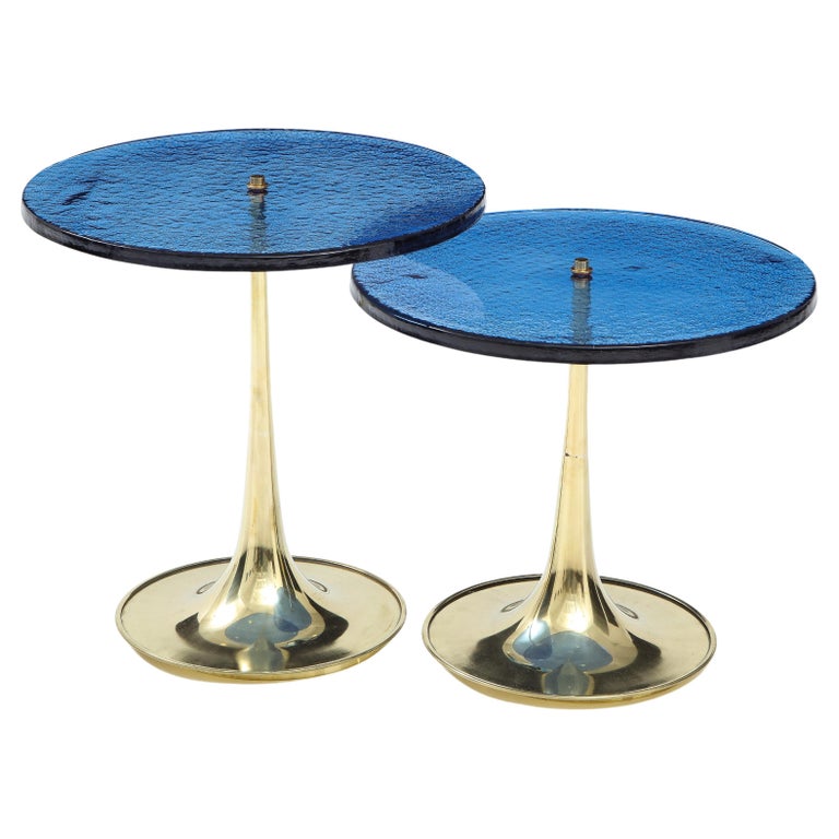 Pair of Round Blue Murano Glass and Brass Martini or Side Tables, Italy ...