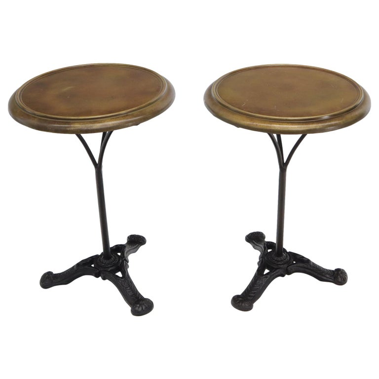 Pair of Round Brass Tops Cast Iron Tripod Bases End Side Tables at 1stDibs
