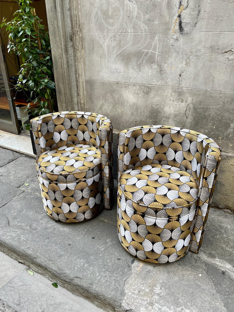 Pair of Round Armchairs with Geometric Art Deco Design Fabric, 1940s ...