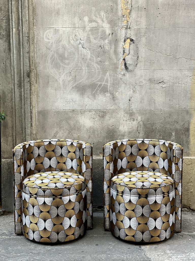 Pair of Round Armchairs with Geometric Art Deco Design Fabric, 1940s ...