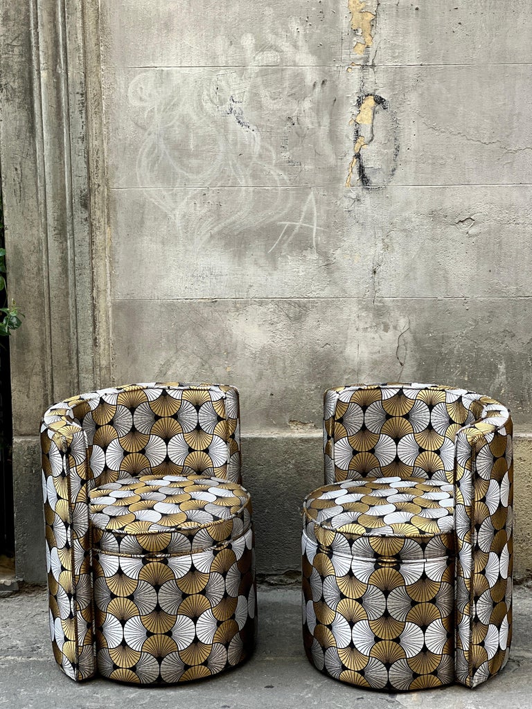 Pair of Round Armchairs with Geometric Art Deco Design Fabric, 1940s ...