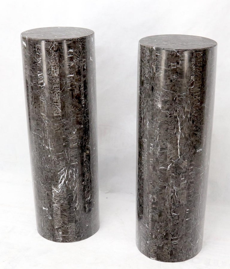 Pair of Round Cylinder Shape Tessellated Stone Tile Columns Pedestals ...