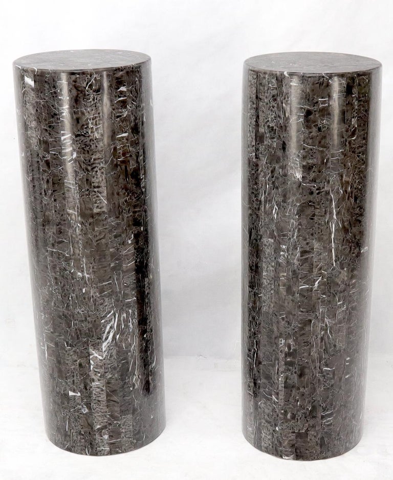 Pair of Round Cylinder Shape Tessellated Stone Tile Columns Pedestals ...