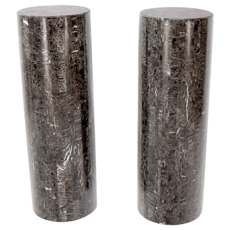Pair of Round Cylinder Shape Tessellated Stone Tile Columns Pedestals ...