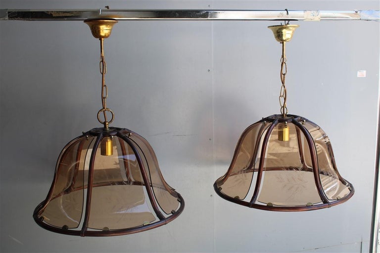 Pair of Round Dome Chandeliers Bamboo Glass Decorated with Leaves ...