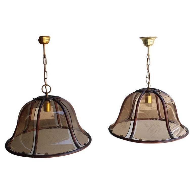 Pair of Round Dome Chandeliers Bamboo Glass Decorated with Leaves ...