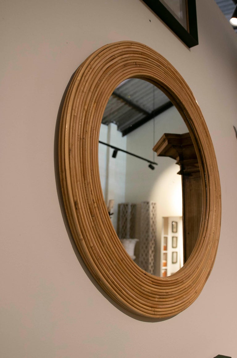 Pair of Round Handmade Wicker Wall Mirrors For Sale at 1stDibs
