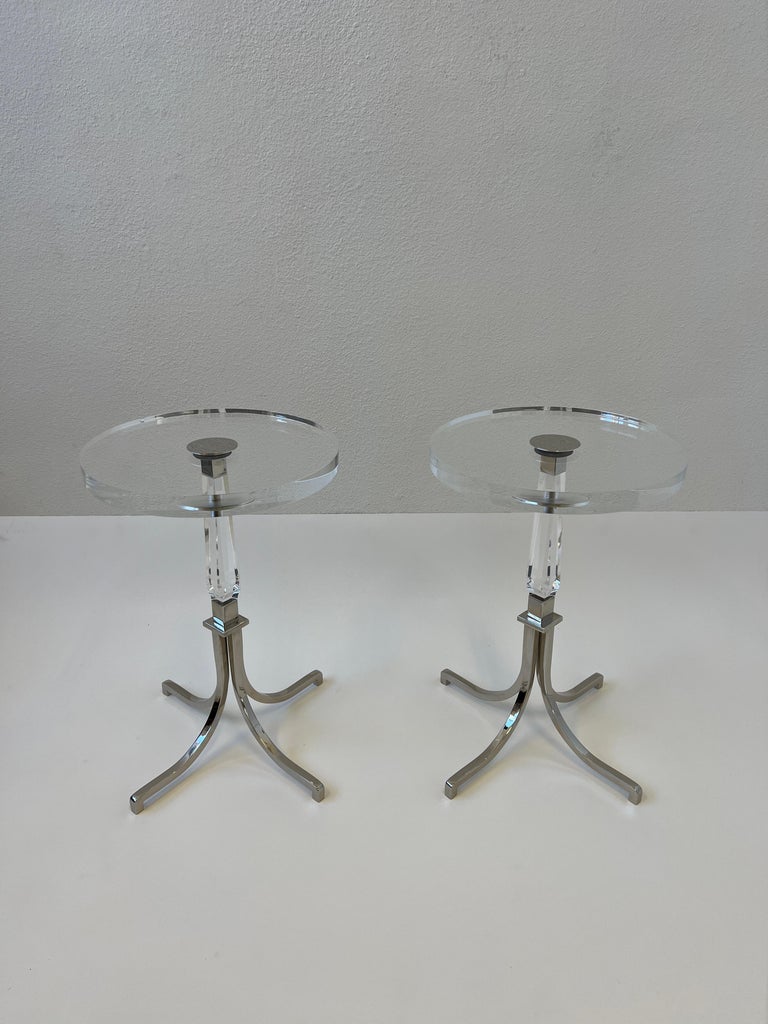 Pair of Round Lucite and Chrome Side Tables by Charles Hollis Jones For ...