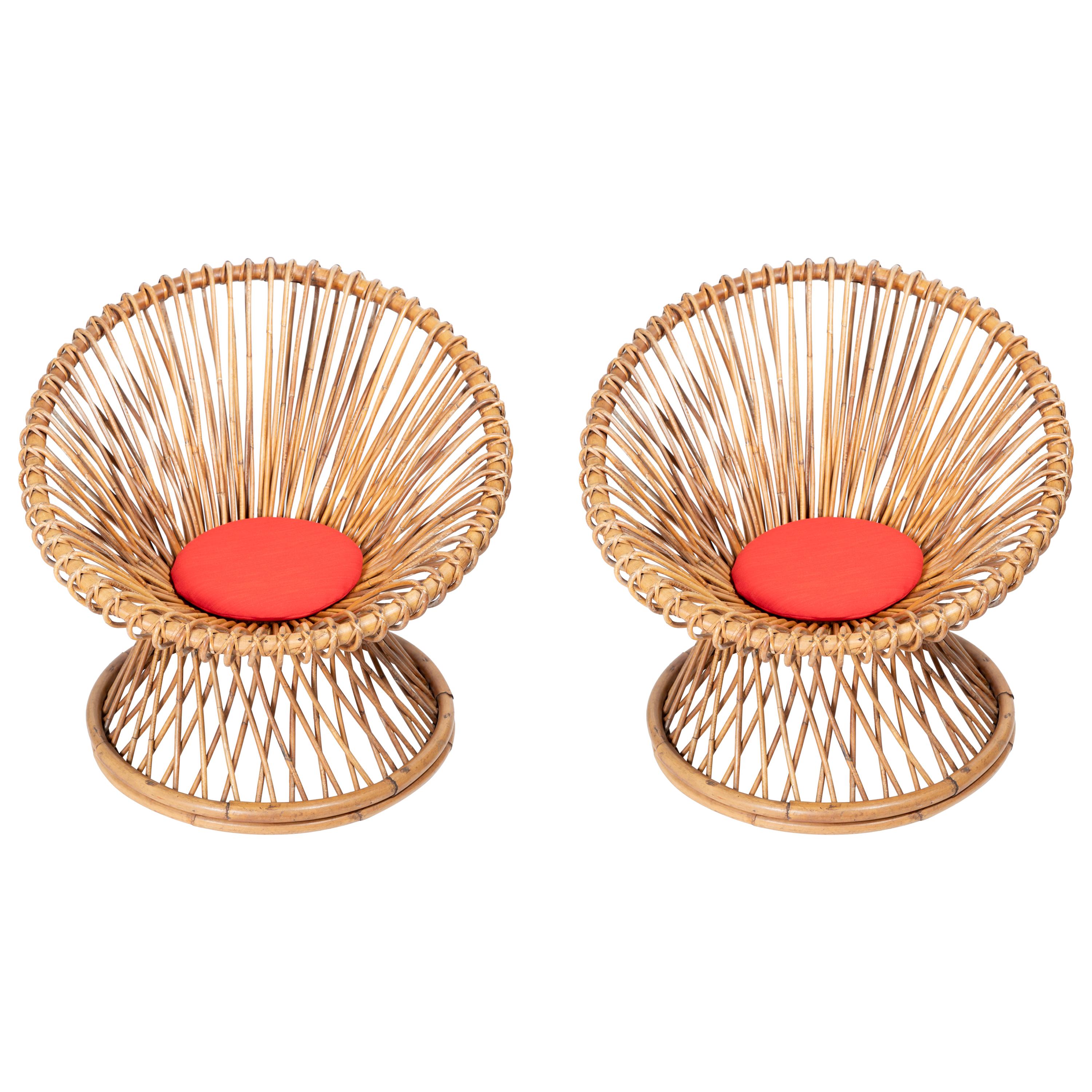 Pair of Round Rattan Chairs with Removable New Red Cushions, Style of ...