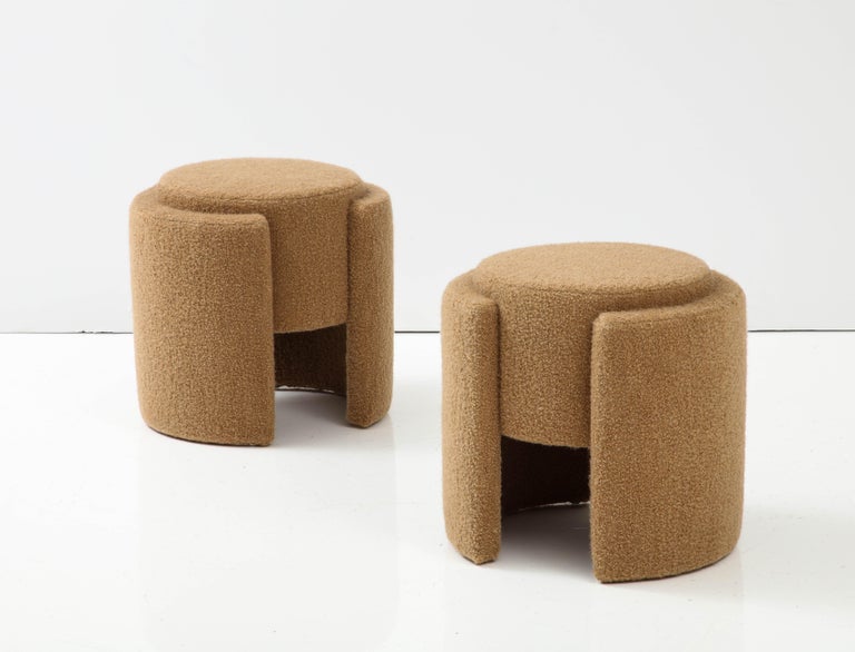 Pair of Round Sculptural Poufs or Stools in Camel Boucle, Italy, 2023 ...