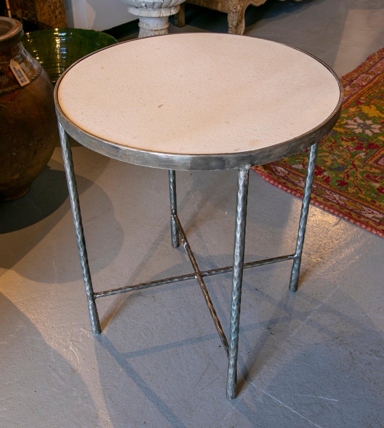 Pair of Round Side Tables in Forged Iron and Limestone Marble Tops For ...