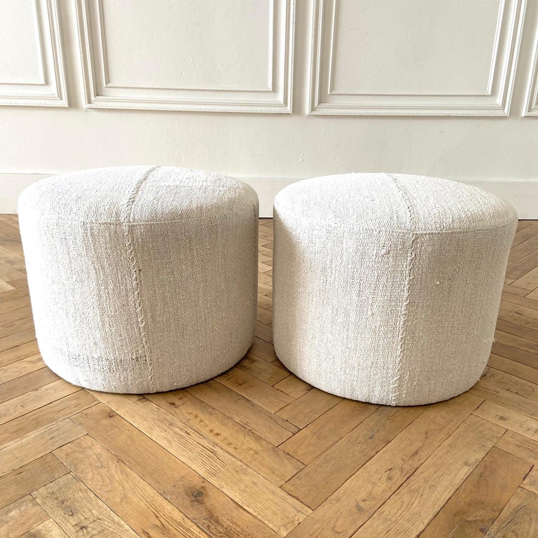 Pair of Round Vintage Turkish Wool Hemp Rug Ottomans at 1stDibs | wool ...
