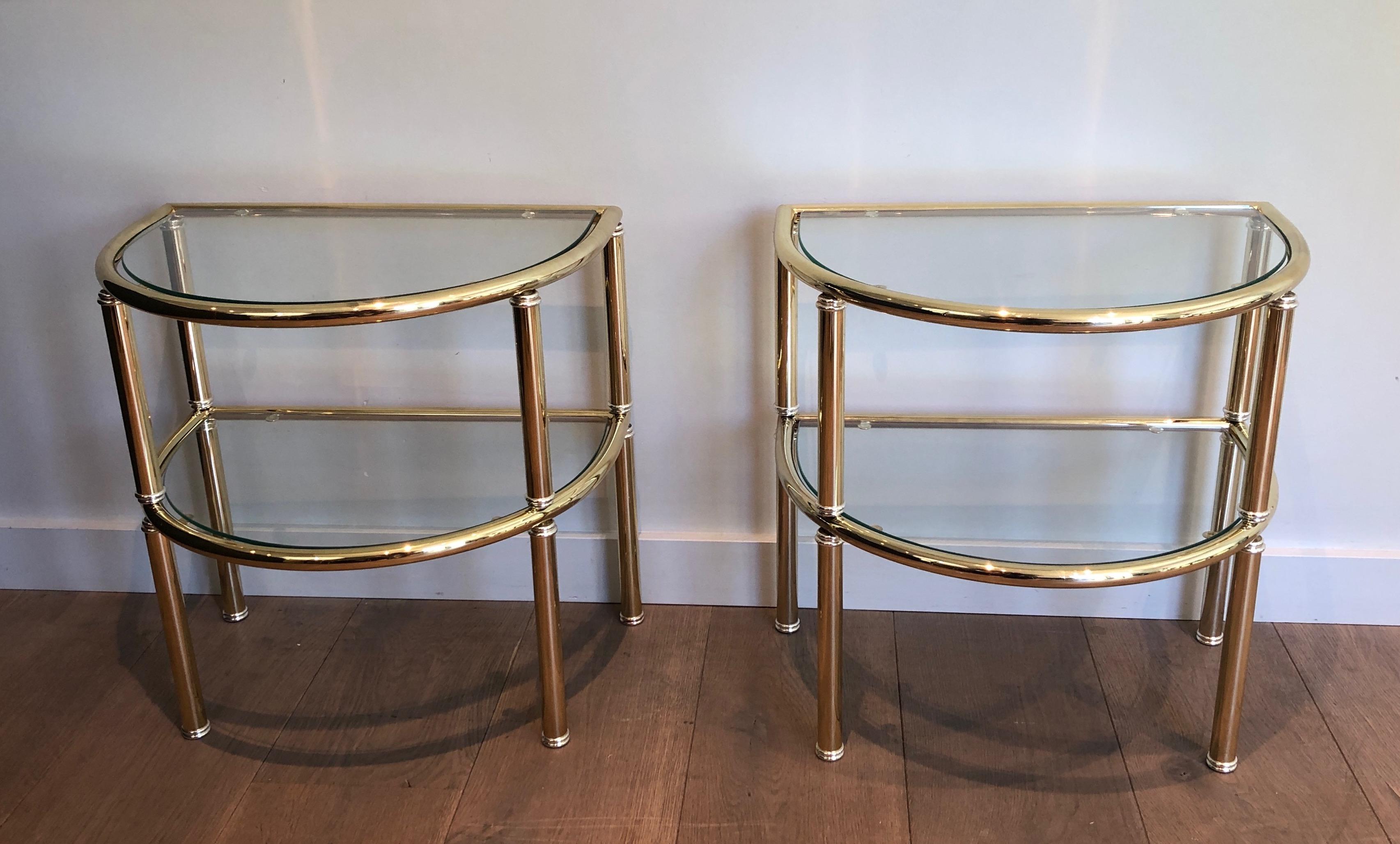 Pair of Rounded Brass and Silvered Side Tables For Sale at 1stDibs