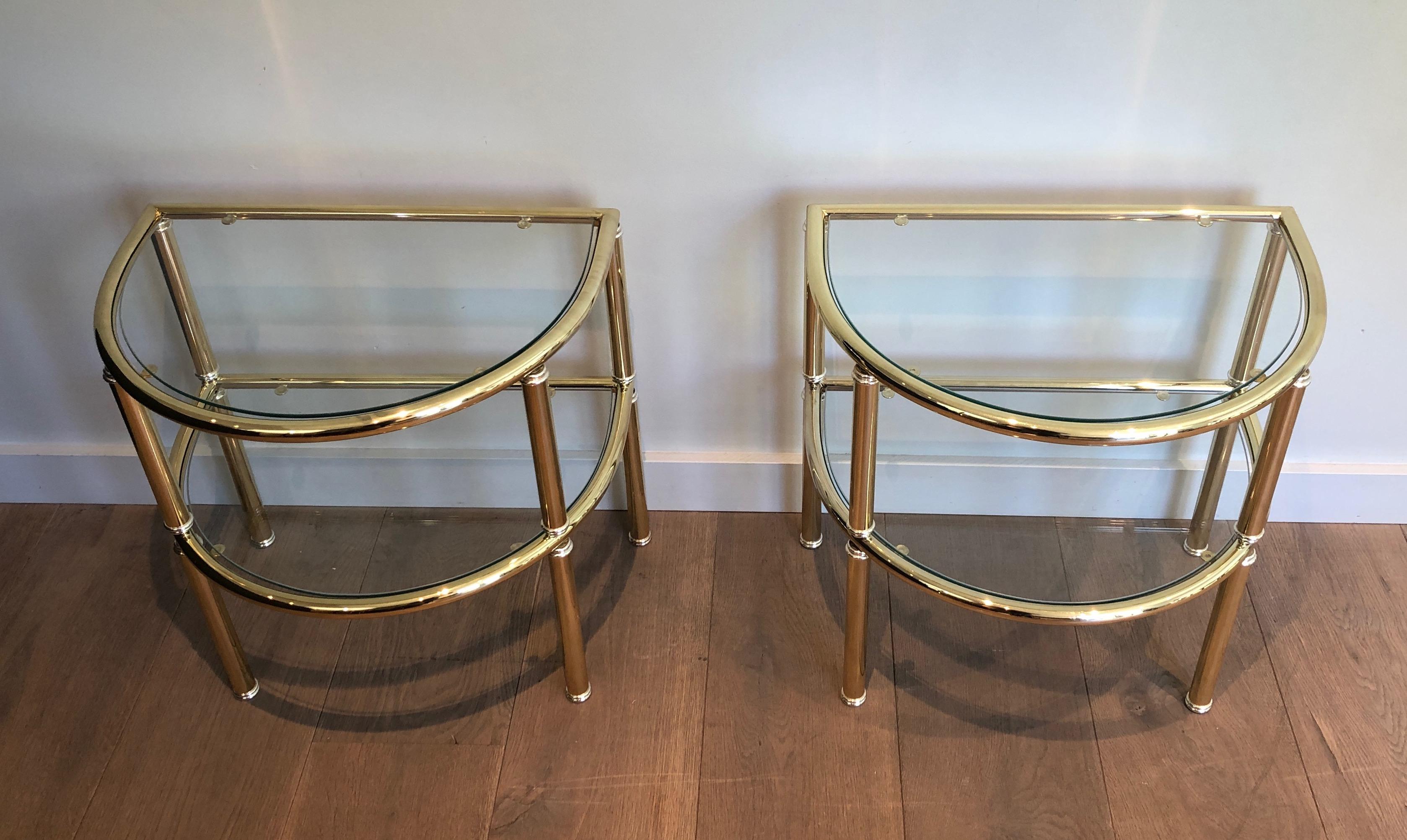Pair of Rounded Brass and Silvered Side Tables For Sale at 1stDibs