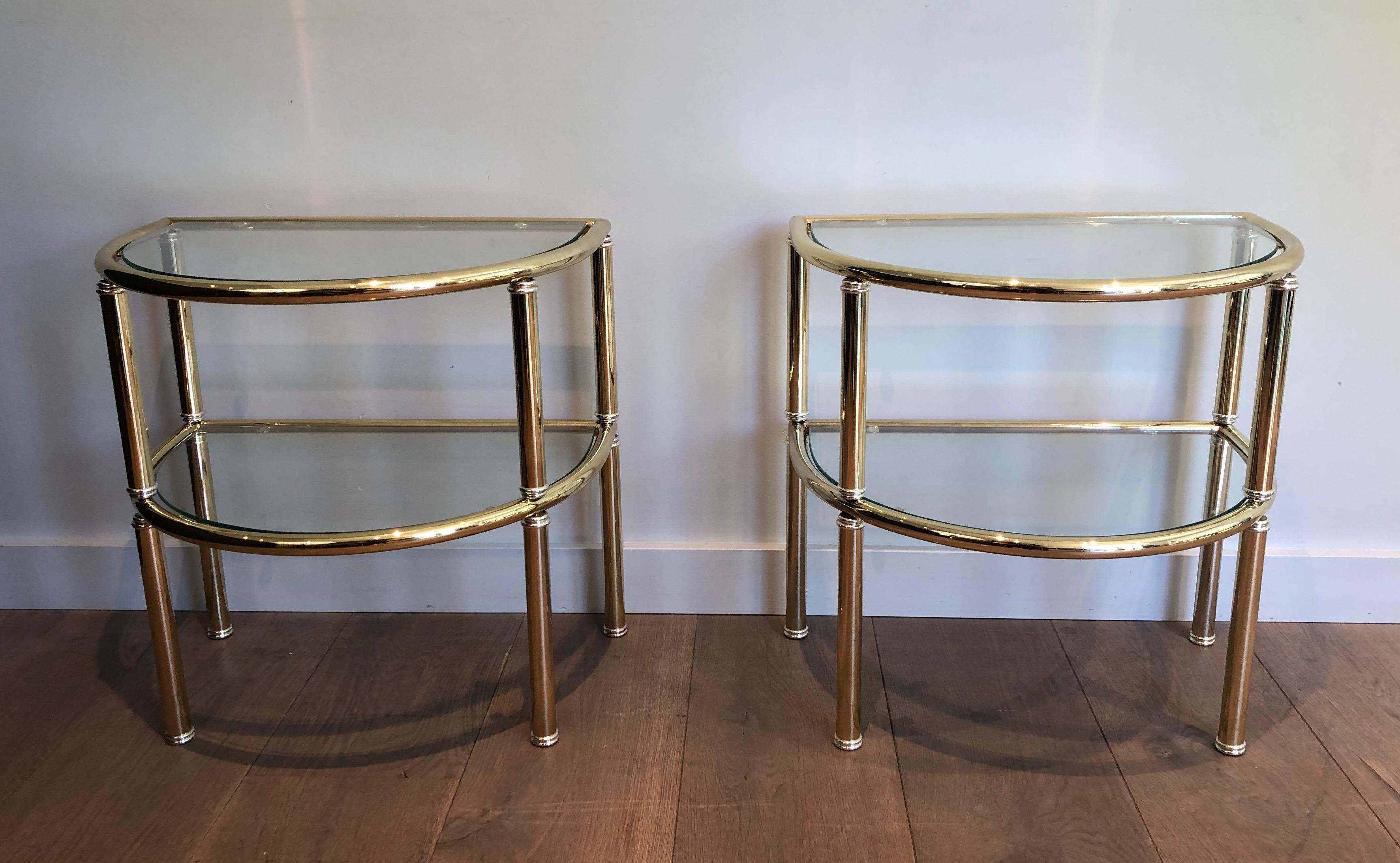 Pair of Rounded Brass and Silvered Side Tables For Sale at 1stDibs
