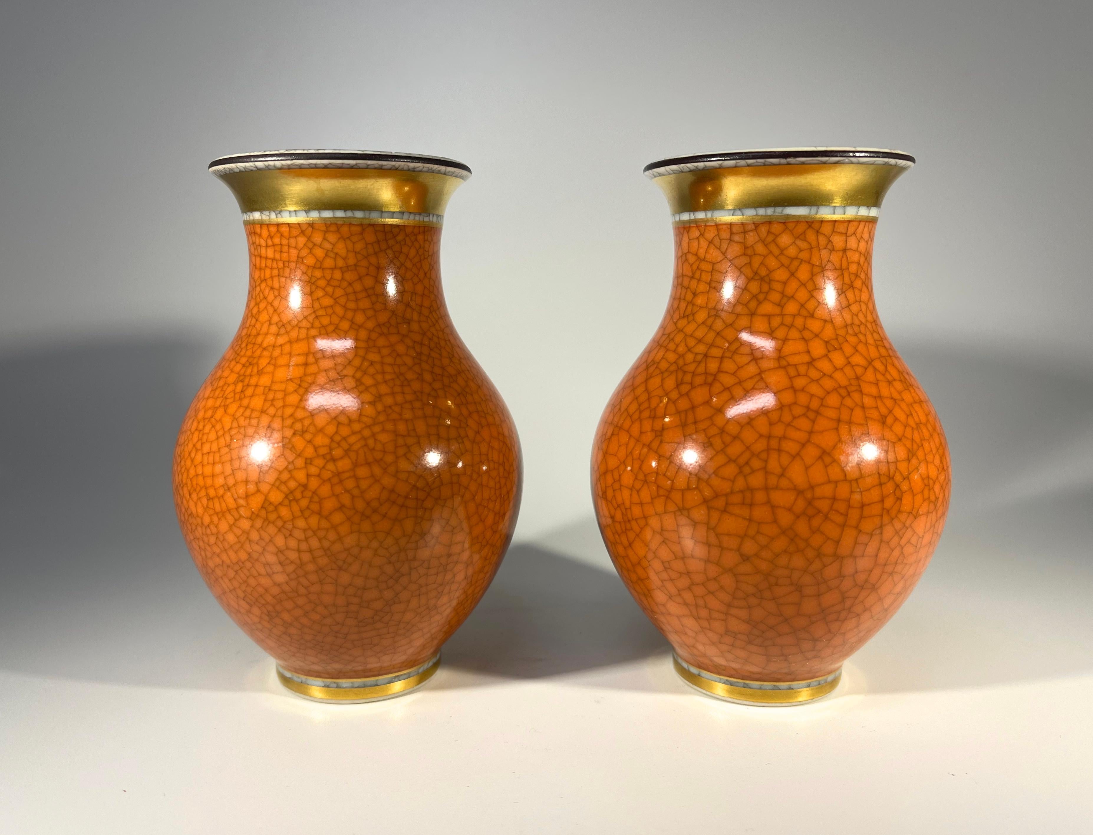 Pair Of Royal Copenhagen Terracotta Crackle Glazed Vases, Gilded ...