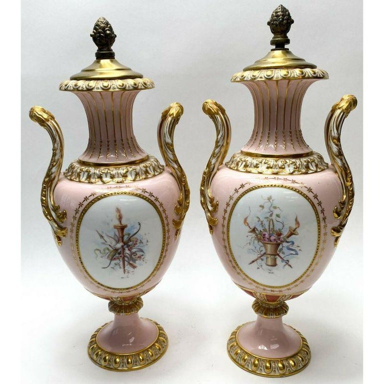 Pair of Royal Crown Derby Pink Porcelain Lidded Urn with Bronze Lids ...