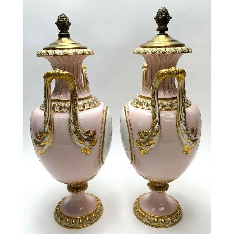 Pair of Royal Crown Derby Pink Porcelain Lidded Urn with Bronze Lids ...