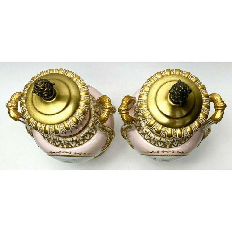 Pair of Royal Crown Derby Pink Porcelain Lidded Urn with Bronze Lids ...