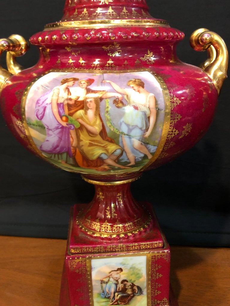 Pair of Royal Vienna Red Lidded Vases with Renaissance Painted Motif ...