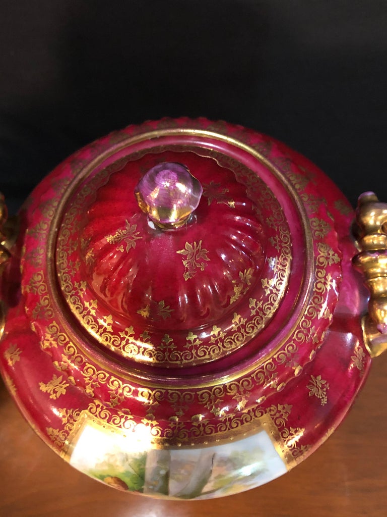 Pair of Royal Vienna Red Lidded Vases with Renaissance Painted Motif ...