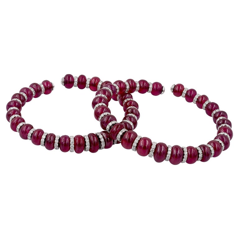 Pair of Ruby Bead Diamond Rondelle Bangle Bracelets For Sale at 1stDibs