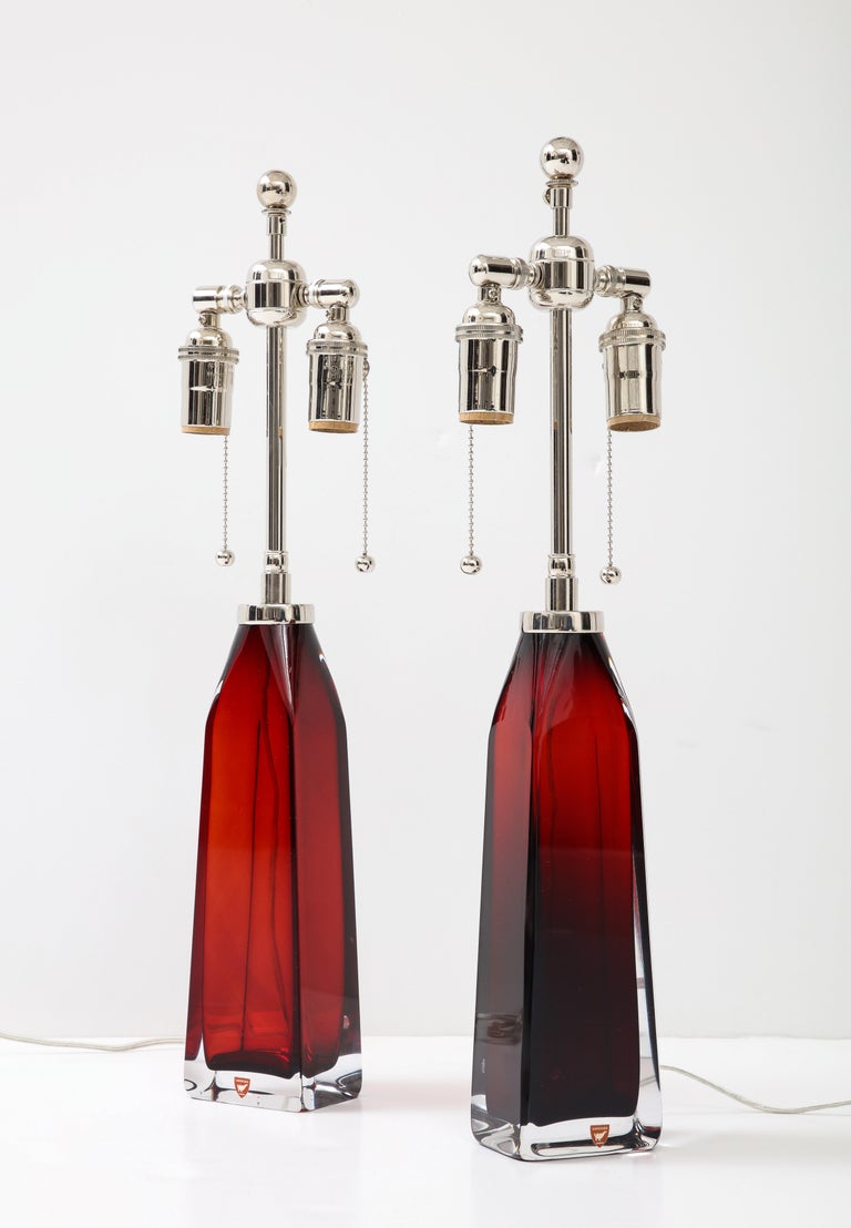 Pair of Ruby Red Crystal Lamps by Nils Landberg for Orrefors For Sale ...