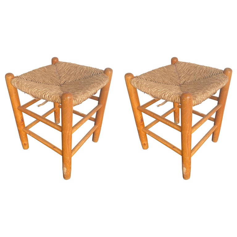 Pair of Wood and Straw Stools by Charlotte Perriand For Sale at 1stDibs