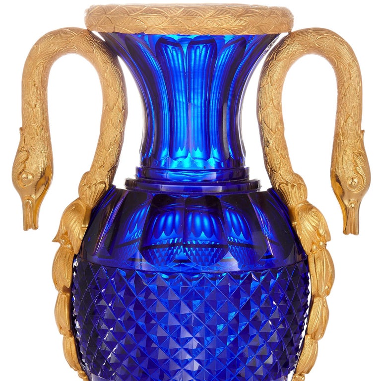Pair of Russian Cut Blue Glass and Gilt Bronze Vases For Sale at 1stDibs