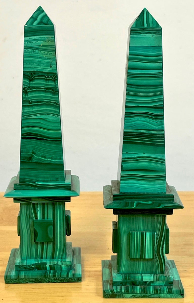 Pair of Russian Diminutive Specimen Malachite Obelisks For Sale at 1stDibs