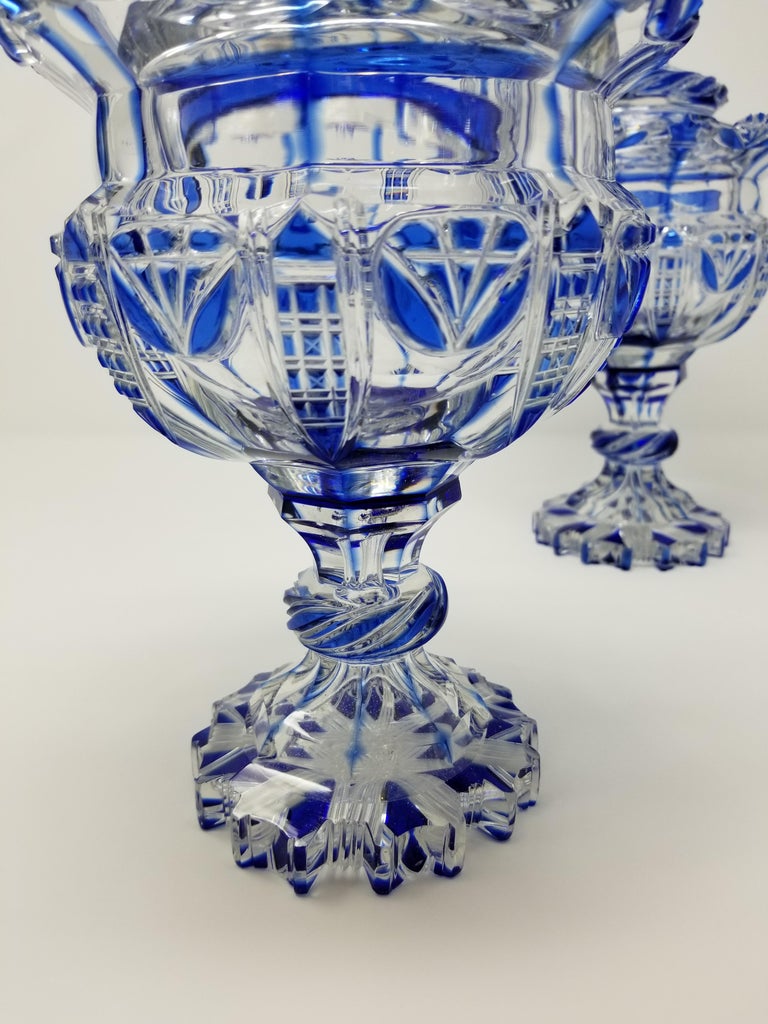 Pair of Russian Hand-Diamond Cut Crystal Covered Urns, Imperial Glass ...