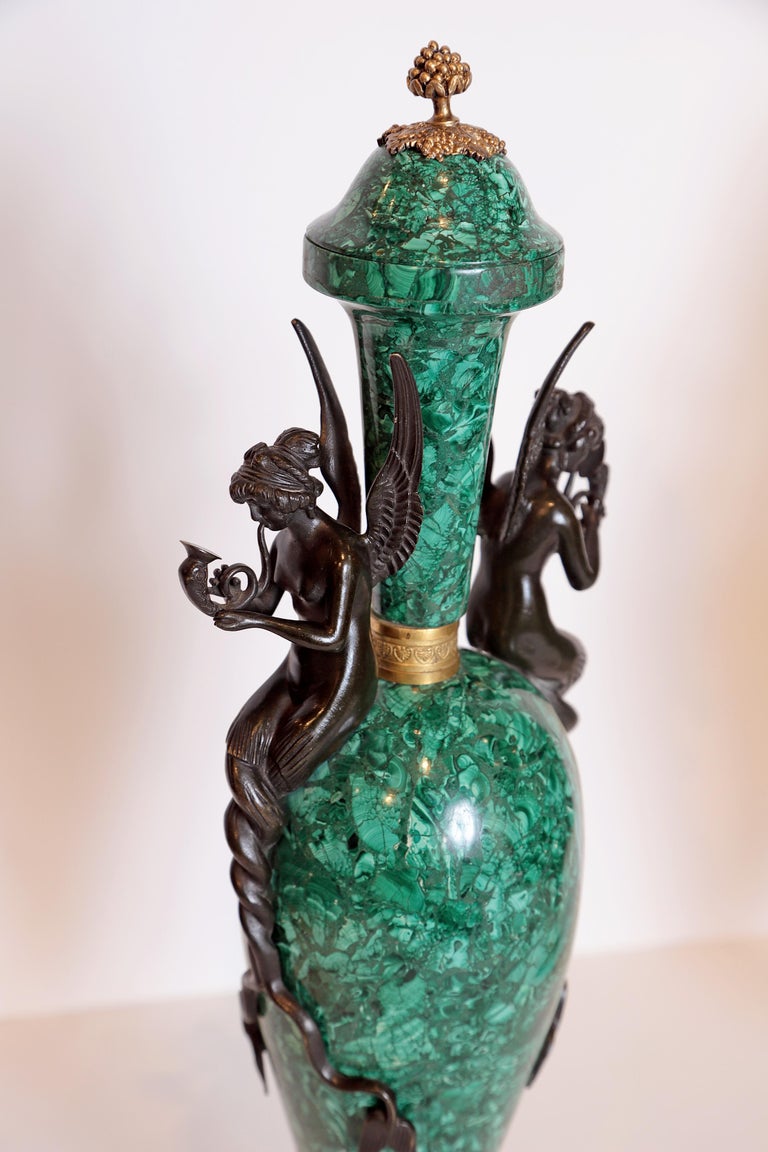 Pair of Russian Malachite Urns with Bronze Water Maidens at 1stDibs